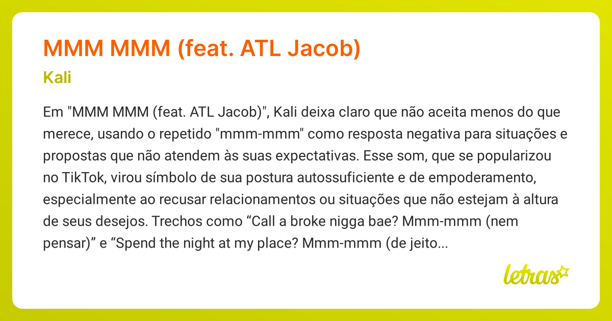 Significado da música MMM MMM (FEAT. ATL JACOB) (Kali) - LETRAS.MUS.BR