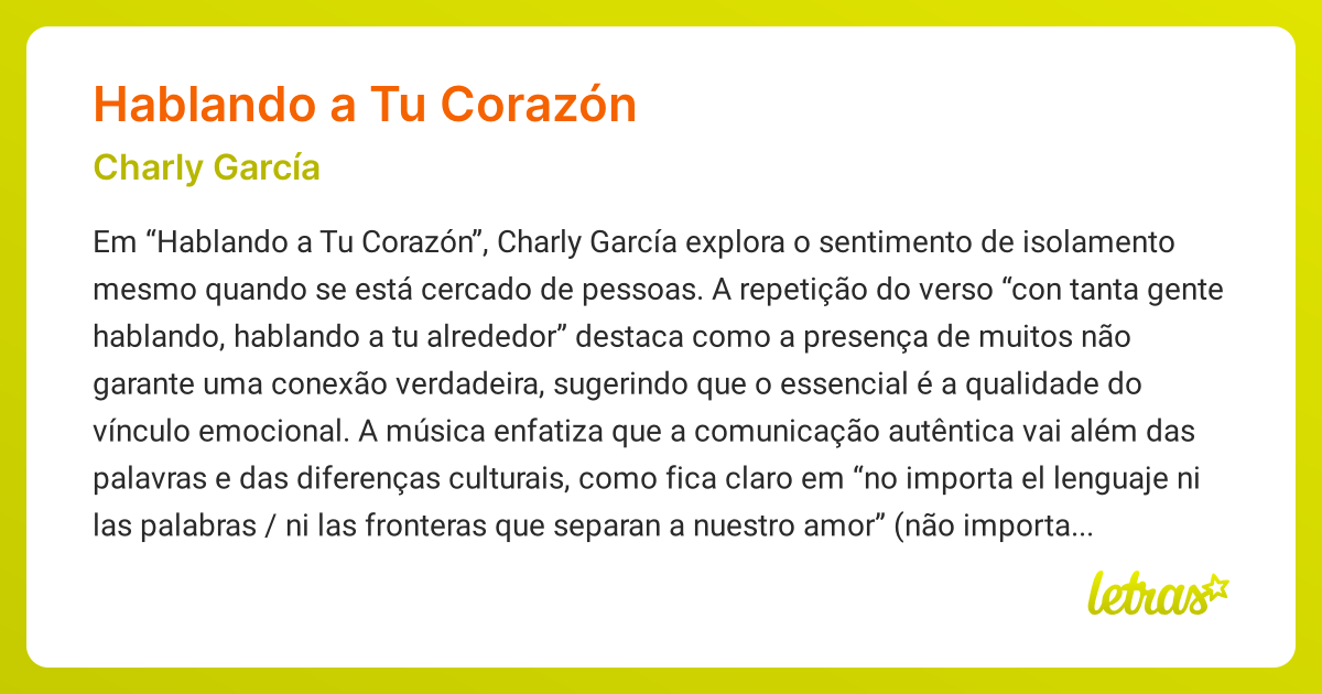 Significado da música HABLANDO A TU CORAZÓN (Charly García) - LETRAS.MUS.BR