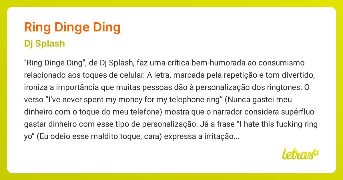 Significado da música RING DINGE DING (Dj Splash) - LETRAS.MUS.BR