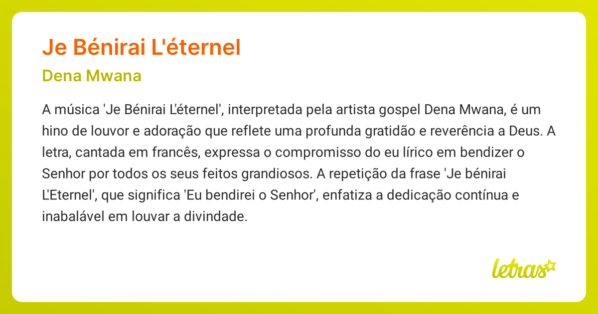 Significado da música JE BÉNIRAI L'ÉTERNEL (Dena Mwana) - LETRAS.MUS.BR
