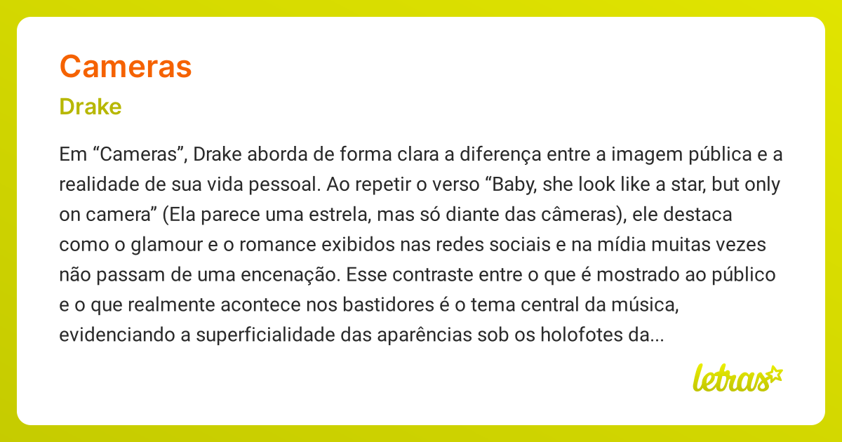 Significado da música CAMERAS (Drake) - LETRAS.MUS.BR