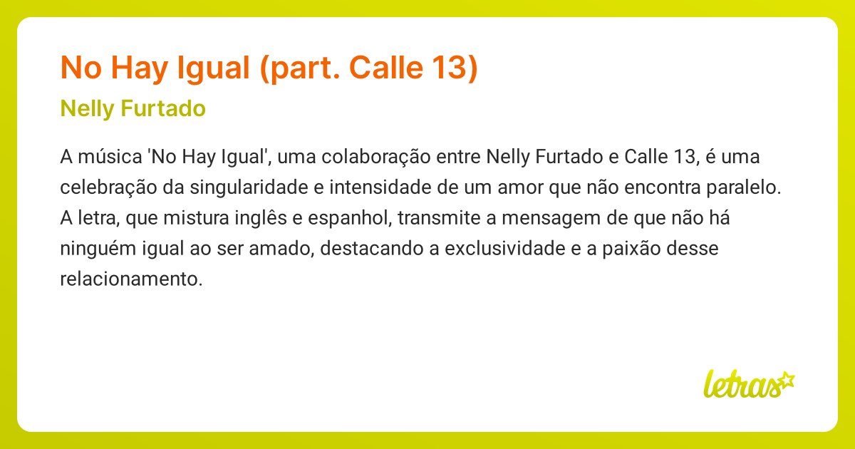 Significado da música NO HAY IGUAL (PART. CALLE 13) (Nelly Furtado ...
