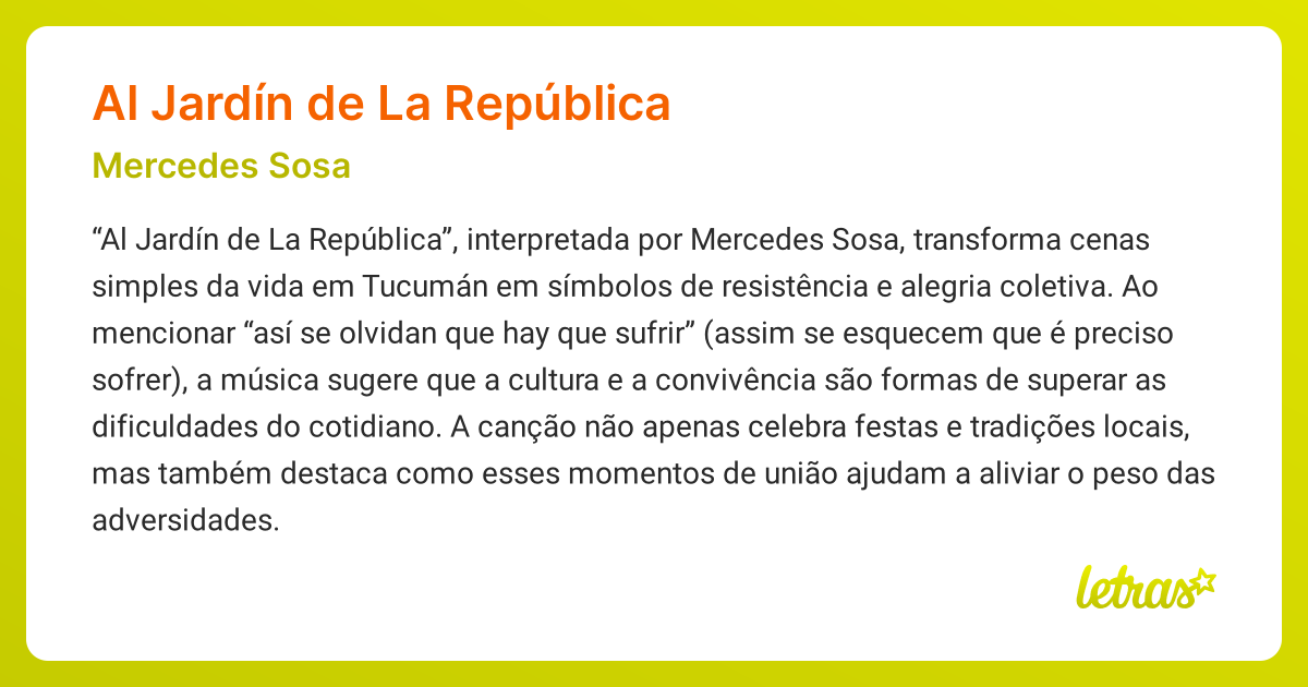 Significado da música AL JARDÍN DE LA REPÚBLICA (Mercedes Sosa ...