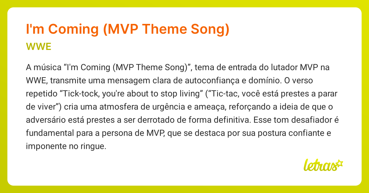 Significado da música I'M COMING (MVP THEME SONG) (WWE) - LETRAS.MUS.BR