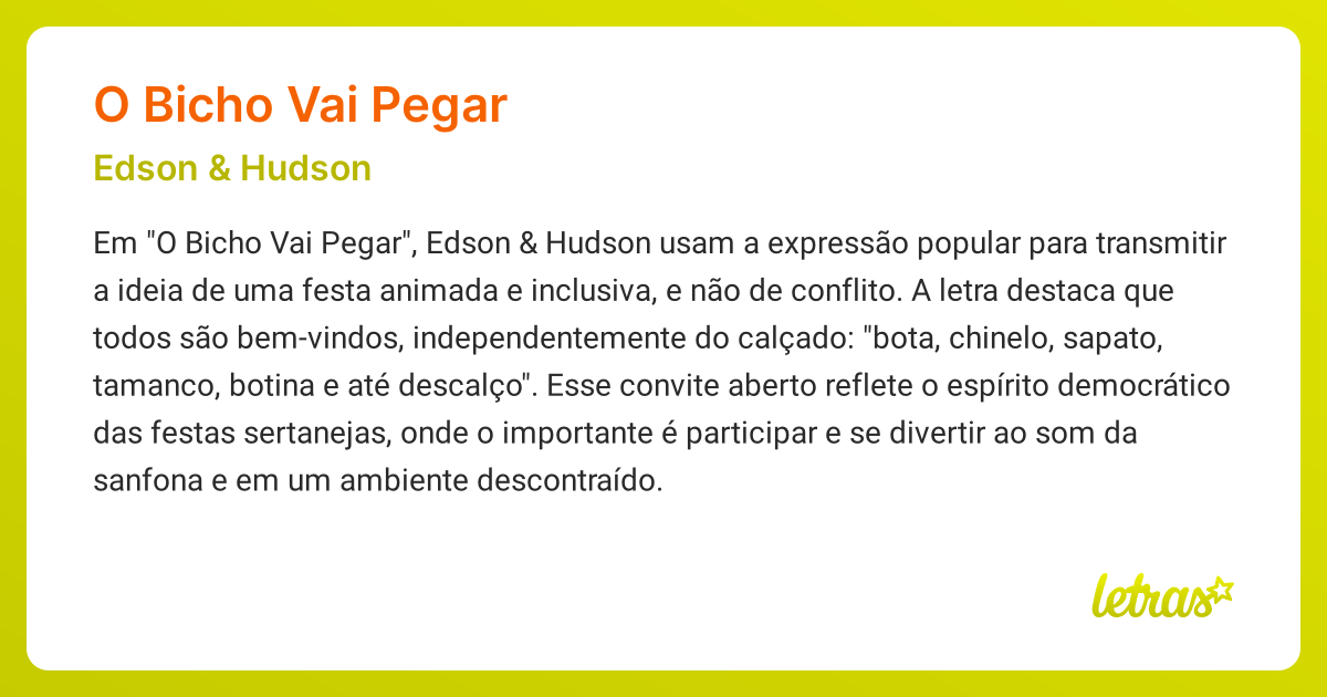 Significado da música O BICHO VAI PEGAR (Edson & Hudson) - LETRAS.MUS.BR