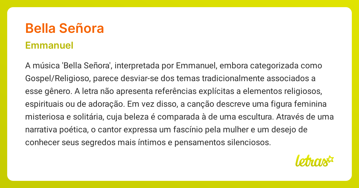 Significado da música BELLA SEÑORA (Emmanuel) - LETRAS.MUS.BR
