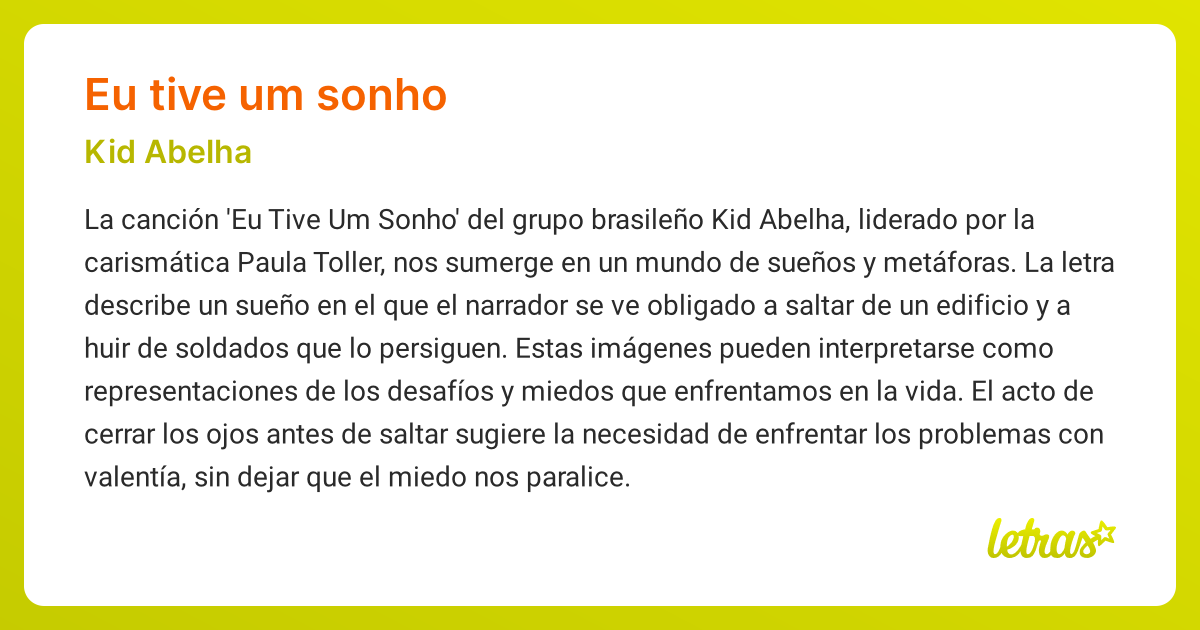 Significado de la canción EU TIVE UM SONHO (Kid Abelha) - LETRAS.COM