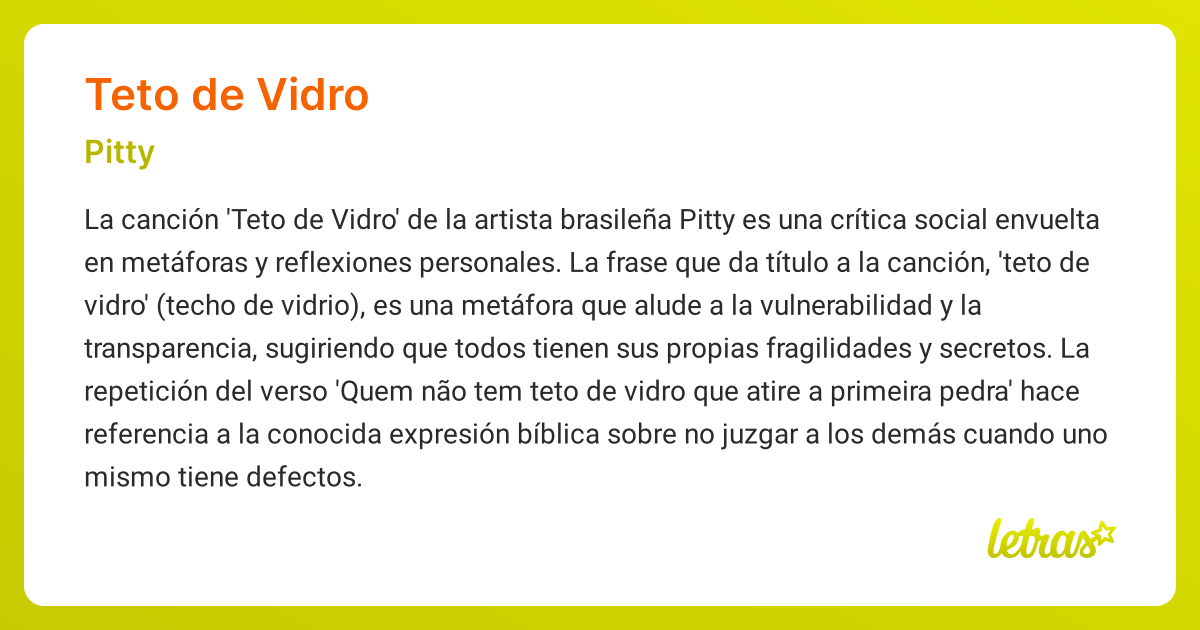 Significado de la canción TETO DE VIDRO (Pitty) - LETRAS.COM