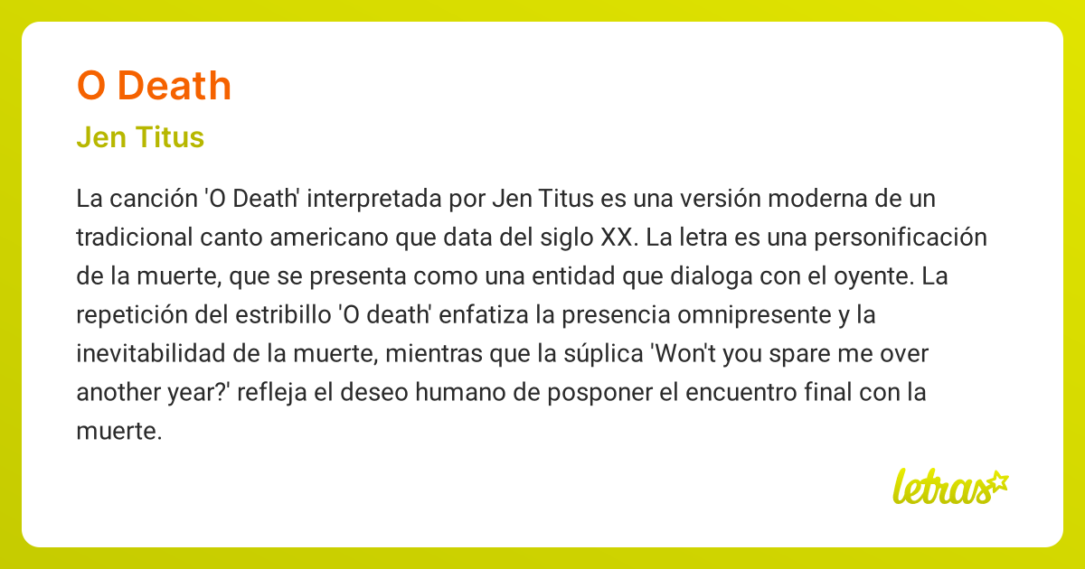 Significado de la canción O DEATH (Jen Titus) - LETRAS.COM