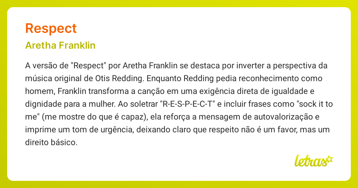 Significado da música RESPECT (Aretha Franklin) - LETRAS.MUS.BR