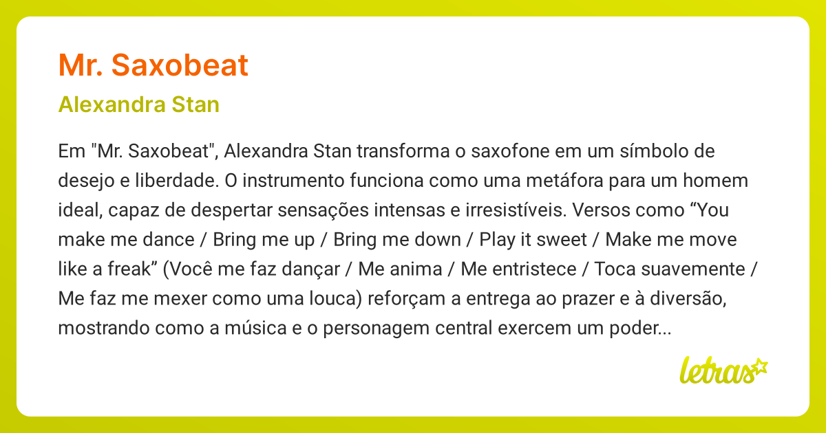Significado da música MR. SAXOBEAT (Alexandra Stan) - LETRAS.MUS.BR