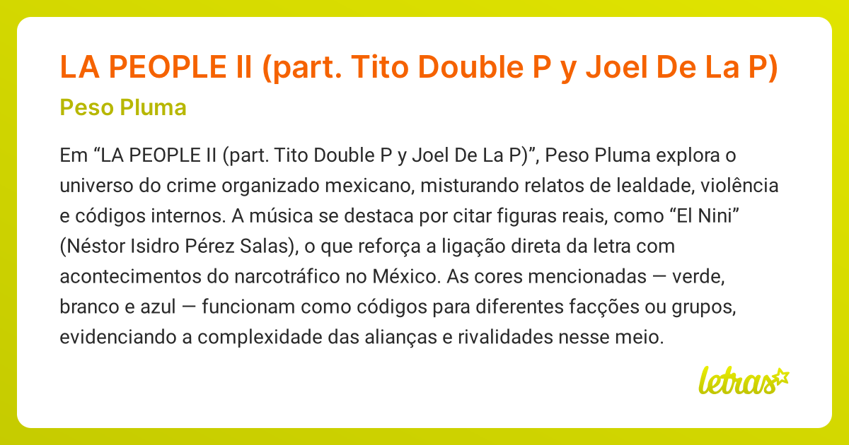 Significado da música LA PEOPLE II (part. Tito Double P y Joel De La P ...