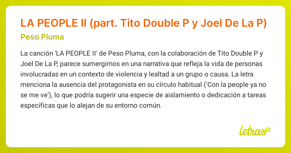 Significado de la canción LA PEOPLE II (part. Tito Double P y Joel De ...