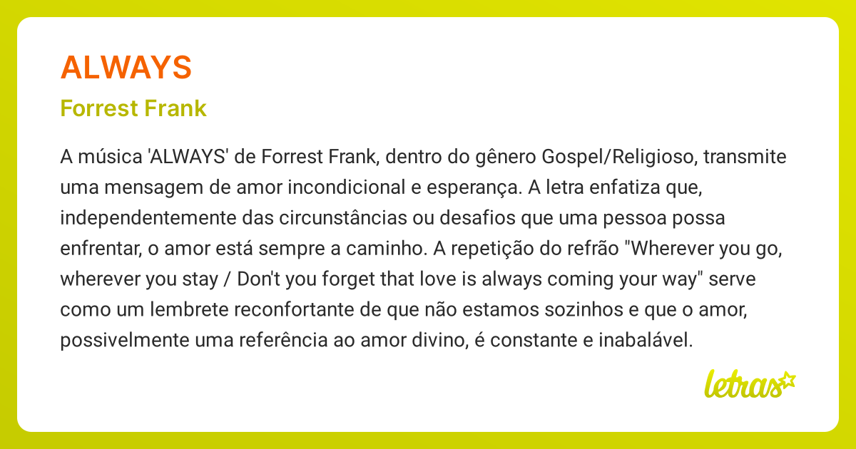 Significado da música ALWAYS (Forrest Frank) - LETRAS.MUS.BR