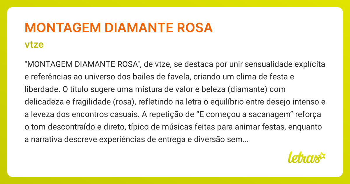 Significado da música MONTAGEM DIAMANTE ROSA (vtze) - LETRAS.MUS.BR