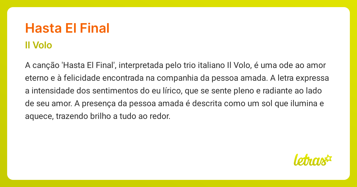Significado da música HASTA EL FINAL (Il Volo) - LETRAS.MUS.BR