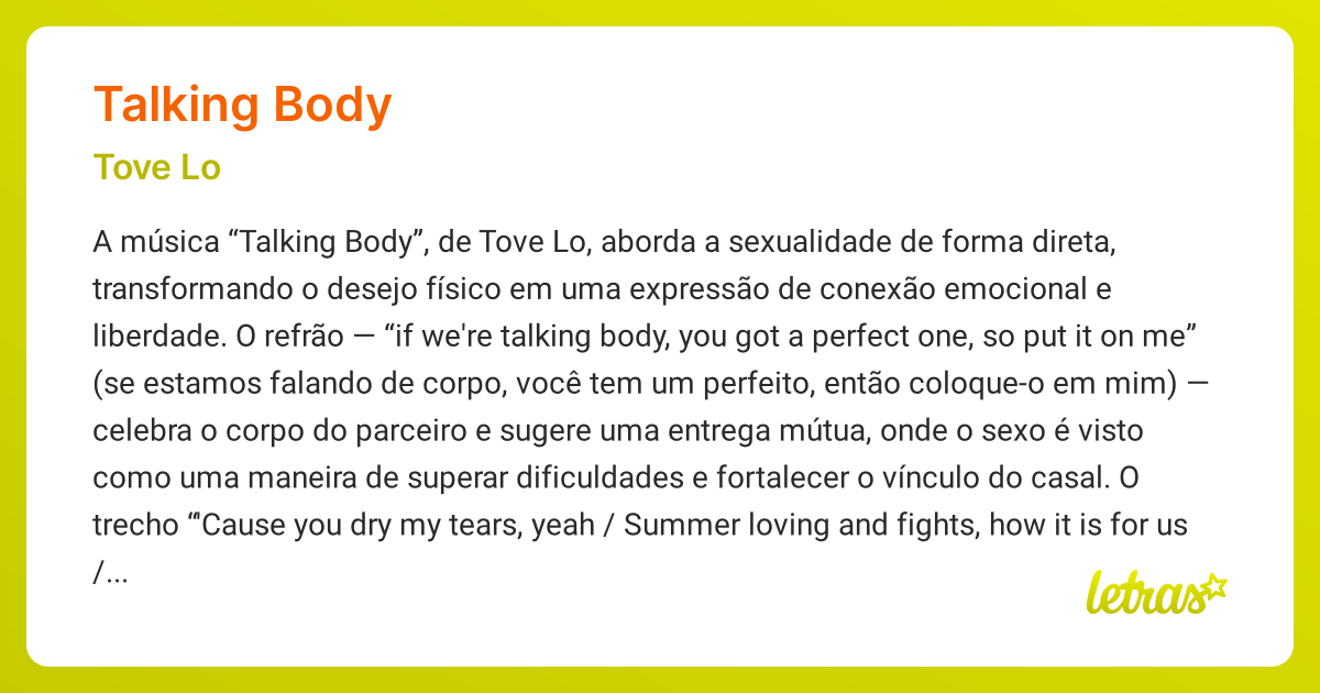 Significado da música TALKING BODY (Tove Lo) - LETRAS.MUS.BR