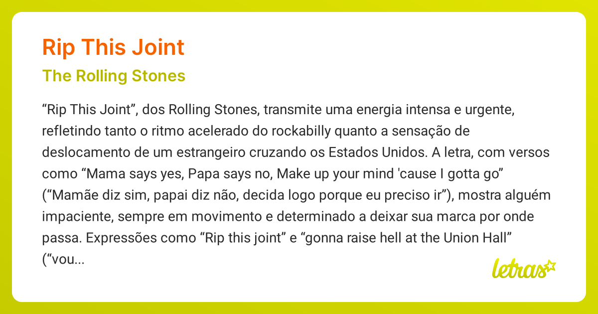 Significado da música RIP THIS JOINT (The Rolling Stones) - LETRAS.MUS.BR