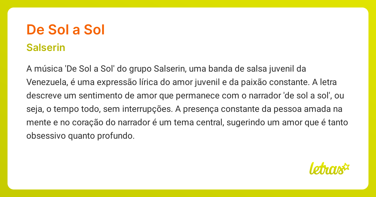 Significado da música DE SOL A SOL (Salserin) - LETRAS.MUS.BR