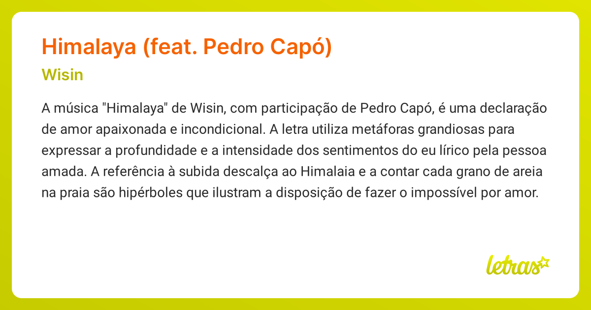 Significado da música HIMALAYA (FEAT. PEDRO CAPÓ) (Wisin) - LETRAS.MUS.BR