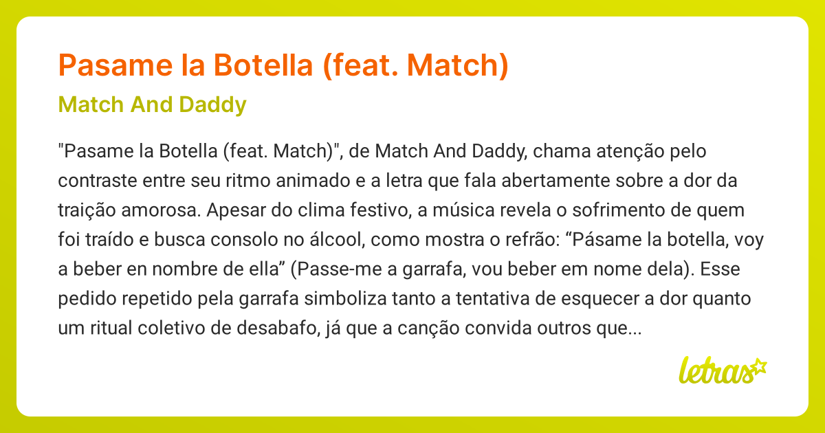 Significado da música Pasame la Botella (feat. Match) (Match And Daddy ...