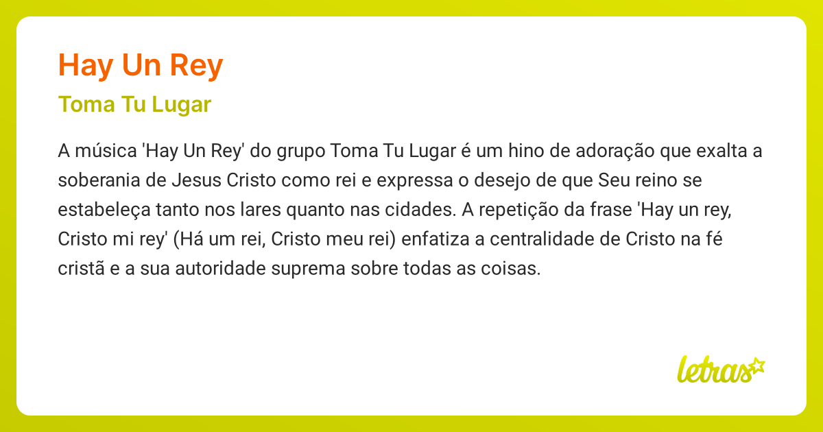 Significado da música HAY UN REY (Toma Tu Lugar) - LETRAS.MUS.BR