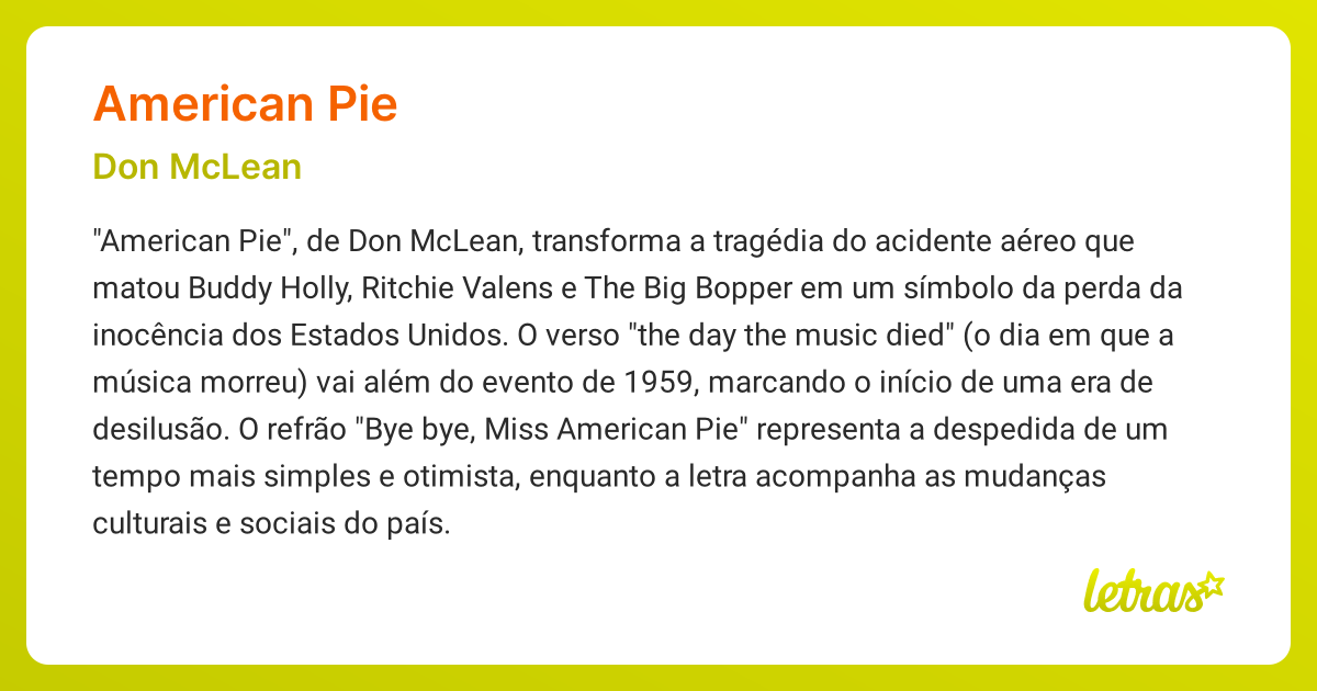 Significado da música AMERICAN PIE (Don McLean) - LETRAS.MUS.BR