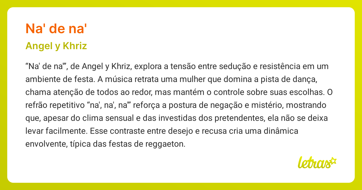 Significado da música NA' DE NA' (Angel y Khriz) - LETRAS.MUS.BR