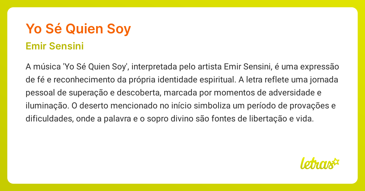 Significado da música YO SÉ QUIEN SOY (Emir Sensini) - LETRAS.MUS.BR