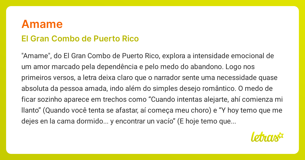 Significado da música AMAME (El Gran Combo de Puerto Rico) - LETRAS.MUS.BR