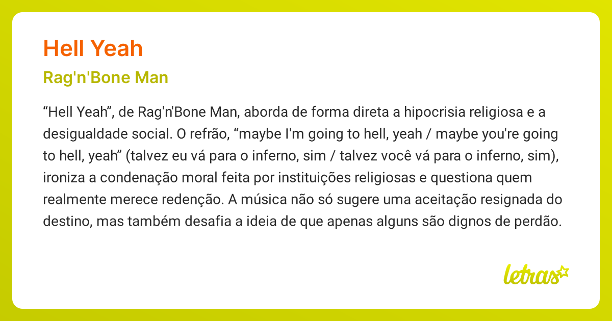 Significado da música HELL YEAH (Rag'n'Bone Man) - LETRAS.MUS.BR