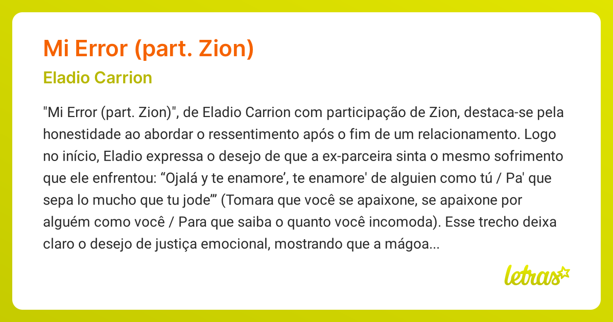 Significado da música MI ERROR (PART. ZION) (Eladio Carrion) - LETRAS ...