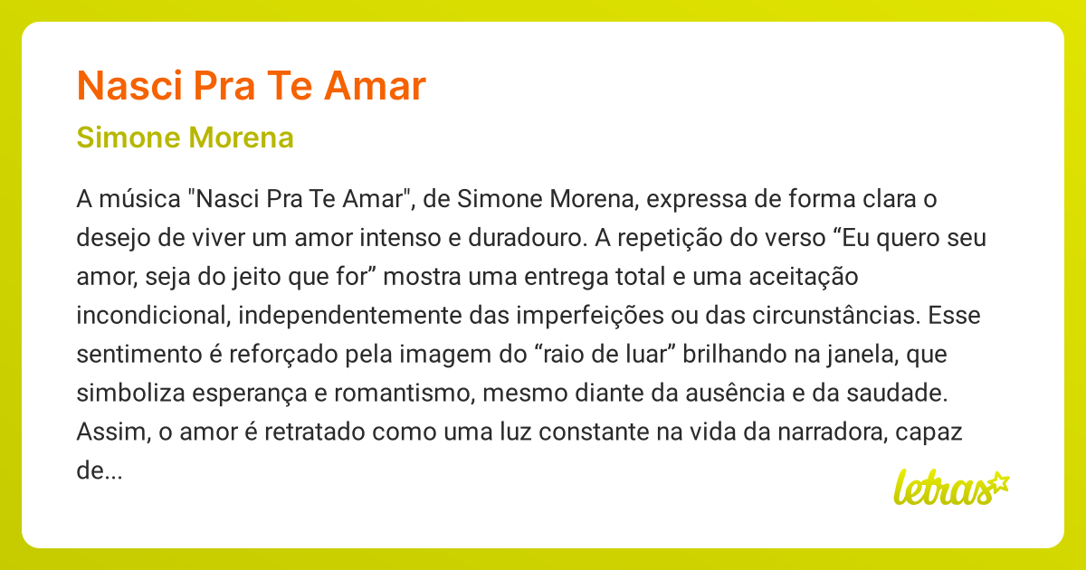 Significado da música NASCI PRA TE AMAR (Simone Morena) - LETRAS.MUS.BR