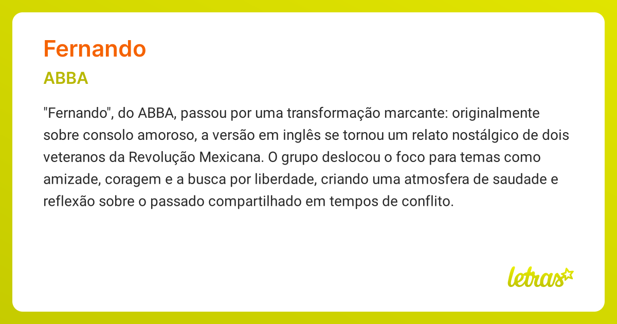 Significado da música FERNANDO (ABBA) - LETRAS.MUS.BR