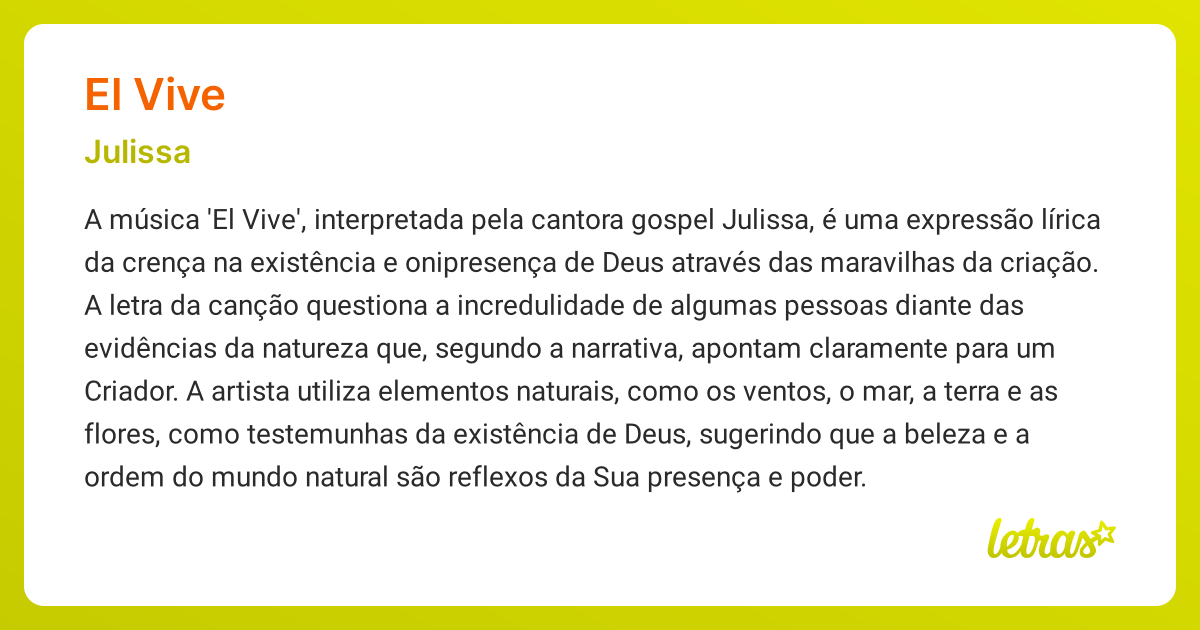 Significado da música EL VIVE (Julissa) - LETRAS.MUS.BR