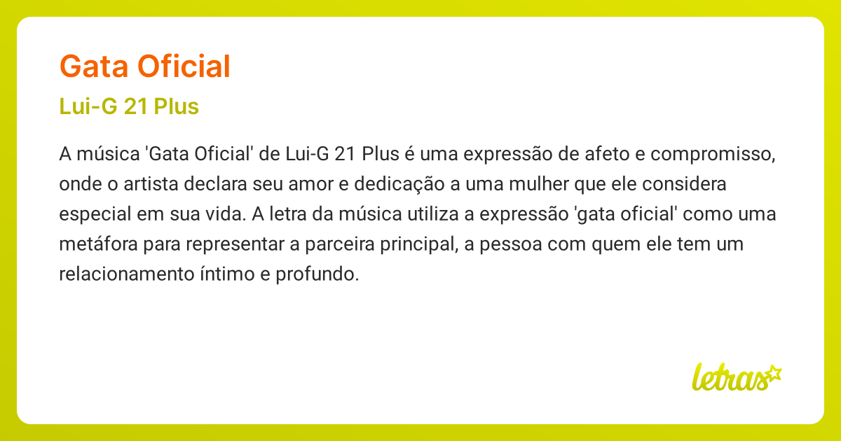 Significado da música GATA OFICIAL (Lui-G 21 Plus) - LETRAS.MUS.BR