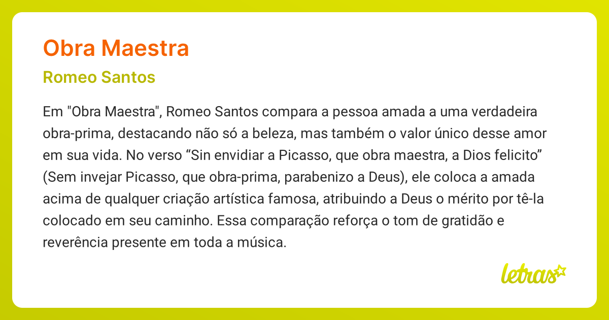 Significado da música OBRA MAESTRA (Romeo Santos) - LETRAS.MUS.BR