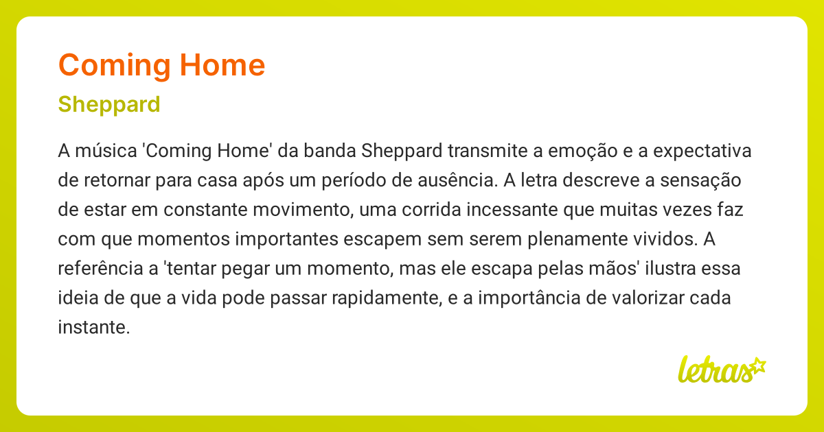 Significado da música COMING HOME (Sheppard) - LETRAS.MUS.BR