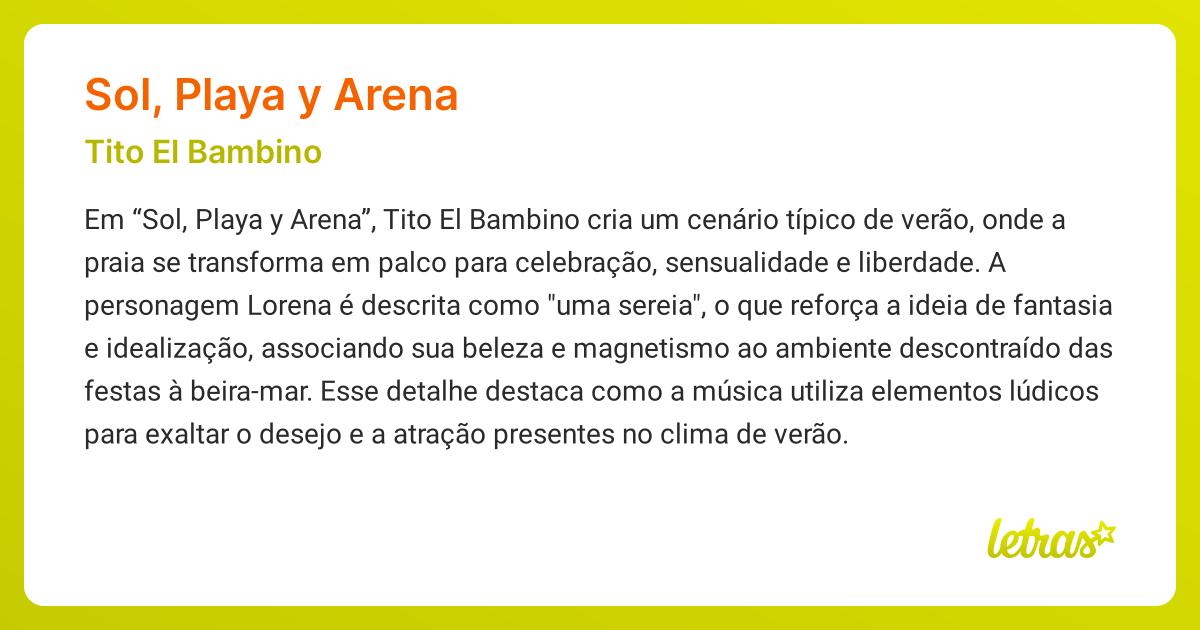 Significado da música SOL, PLAYA Y ARENA (Tito El Bambino) - LETRAS.MUS.BR