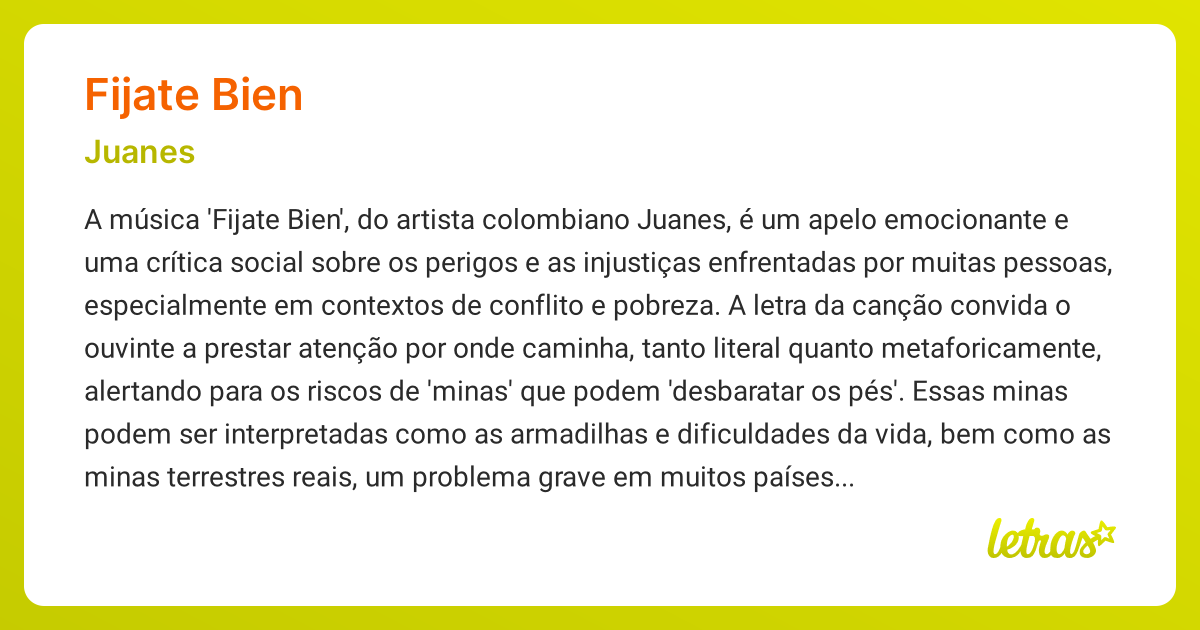 Significado da música FIJATE BIEN (Juanes) - LETRAS.MUS.BR
