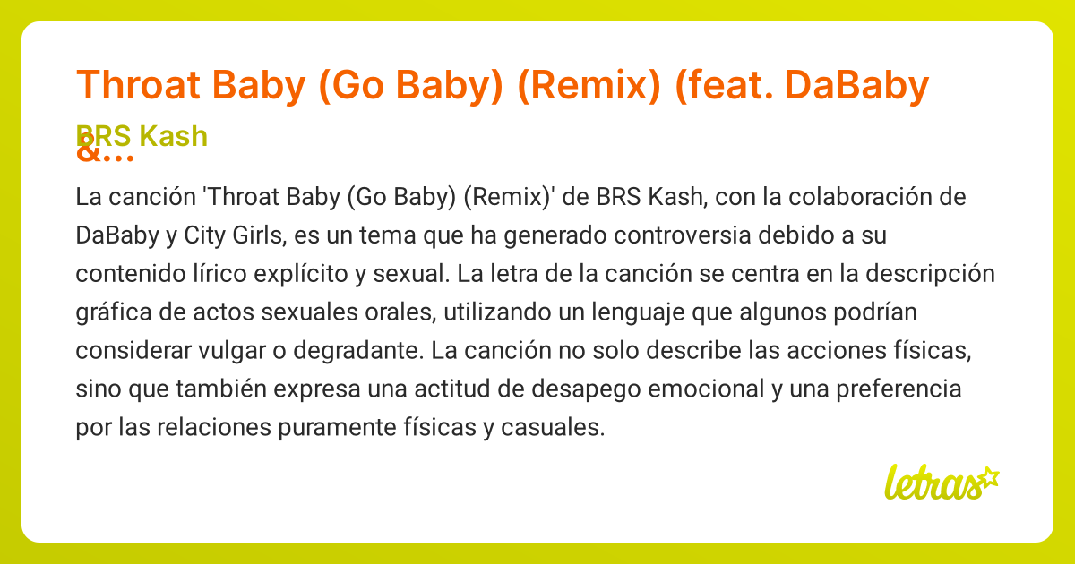 Significado de la canción Throat Baby (Go Baby) (Remix) (feat. DaBaby ...