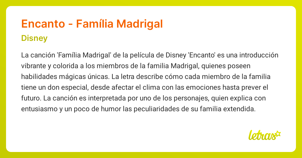 Significado de la canción ENCANTO - FAMÍLIA MADRIGAL (Disney) - LETRAS.COM