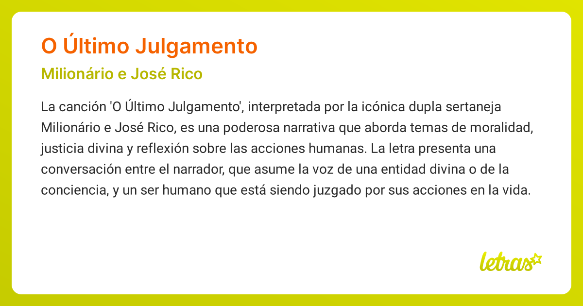 Significado de la canción O ÚLTIMO JULGAMENTO (Milionário e José Rico ...