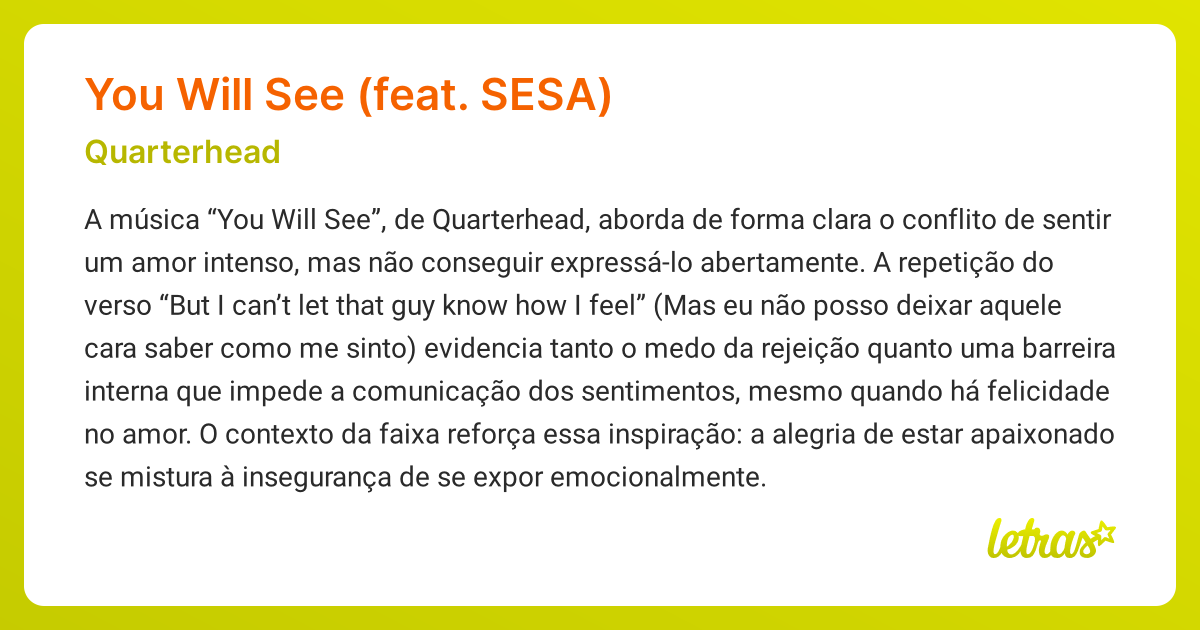Significado da música YOU WILL SEE (FEAT. SESA) (Quarterhead) - LETRAS ...