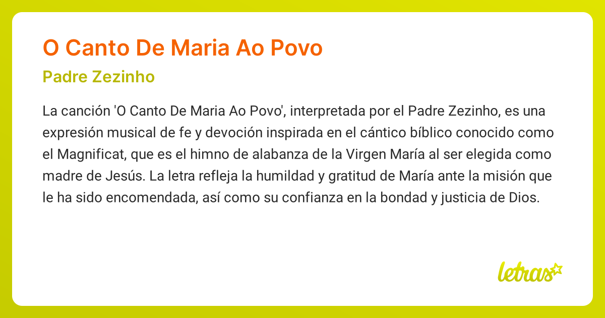 Significado de la canción O CANTO DE MARIA AO POVO (Padre Zezinho ...