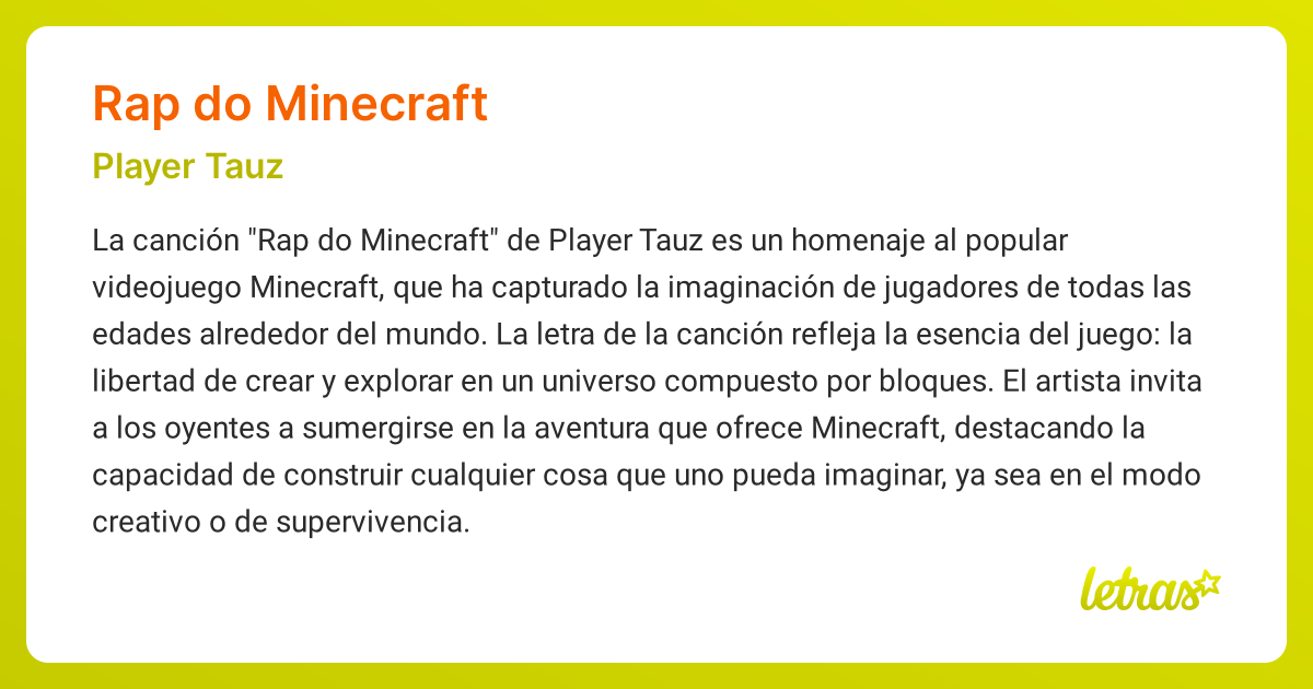 Significado de la canción RAP DO MINECRAFT (Player Tauz) - LETRAS.COM