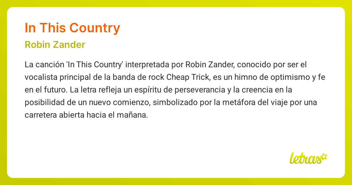 Significado de la canción IN THIS COUNTRY (Robin Zander) - LETRAS.COM