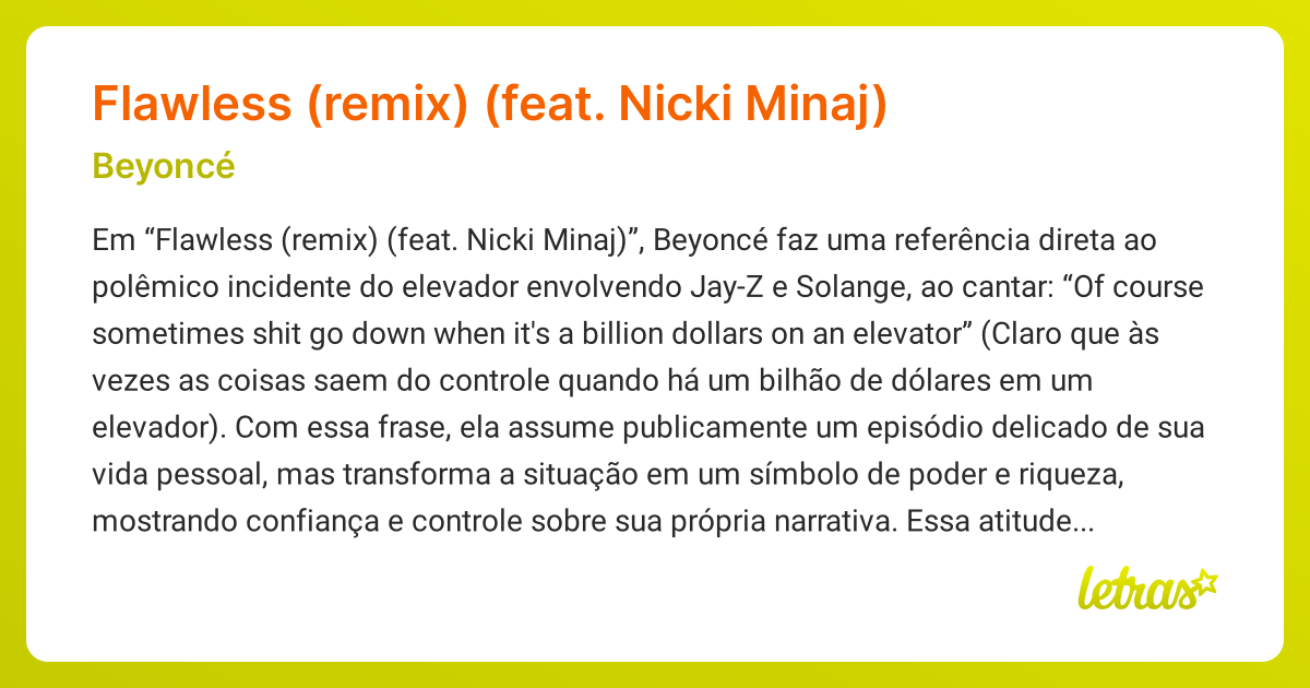 Significado da música Flawless (remix) (feat. Nicki Minaj) (Beyoncé) - LETRAS.MUS.BR