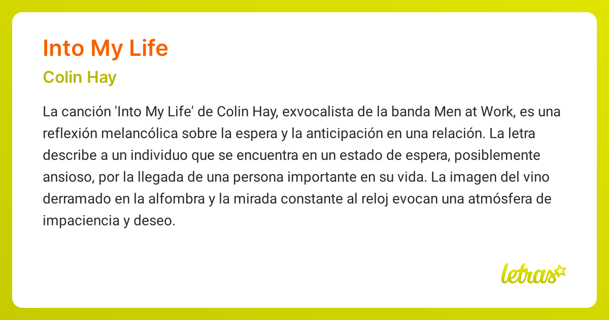 Significado de la canción INTO MY LIFE (Colin Hay) - LETRAS.COM