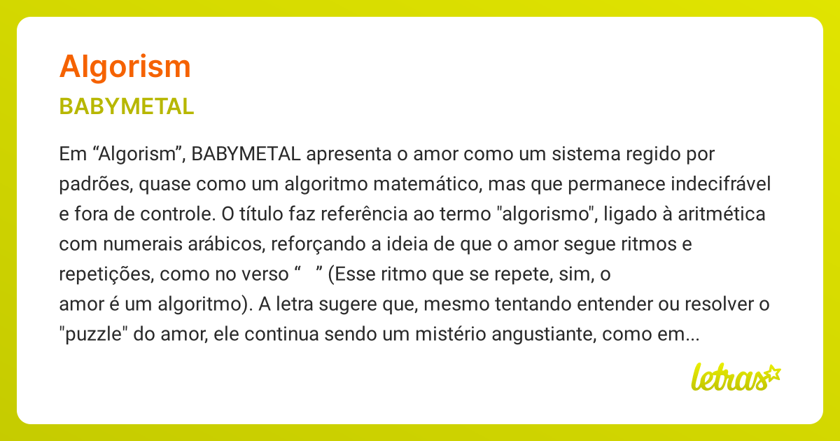 Significado da música ALGORISM (BABYMETAL) - LETRAS.MUS.BR